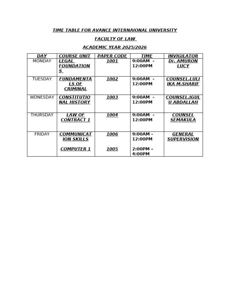 Avance International University Law Timetable 2025/2026 | PDF