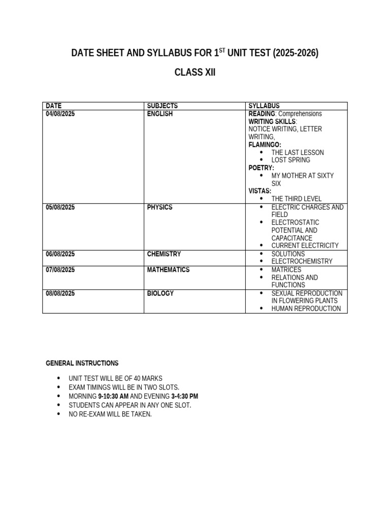 Class XII Unit Test Date Sheet 2025-26 | PDF