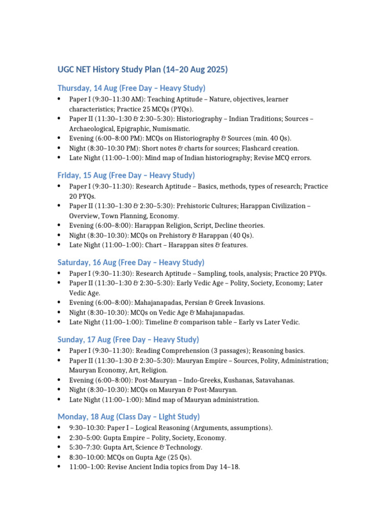 UGC NET History Study Plan: Aug 14-20 | PDF