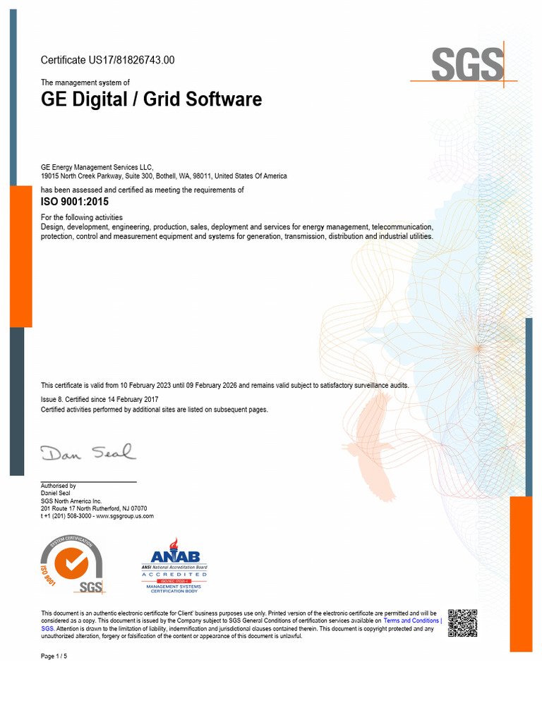 GE Digital ISO 9001:2015 Certification | PDF