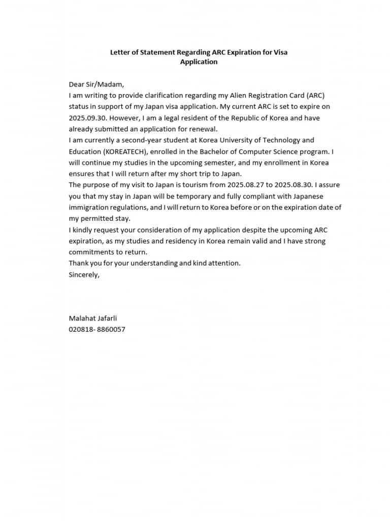 Letter of Statement Regarding ARC Expiration For Visa Application | PDF