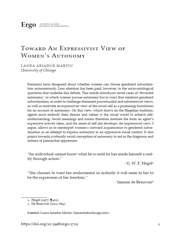 Toward An Expressivist View of Women's Autonomy Laura Martin | PDF | Autonomy | Patriarchy