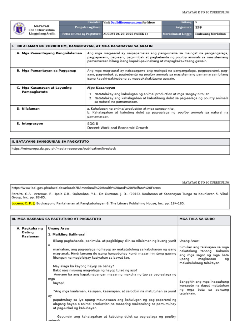 DLL Matatag - Epp 5 q2 w1 | PDF