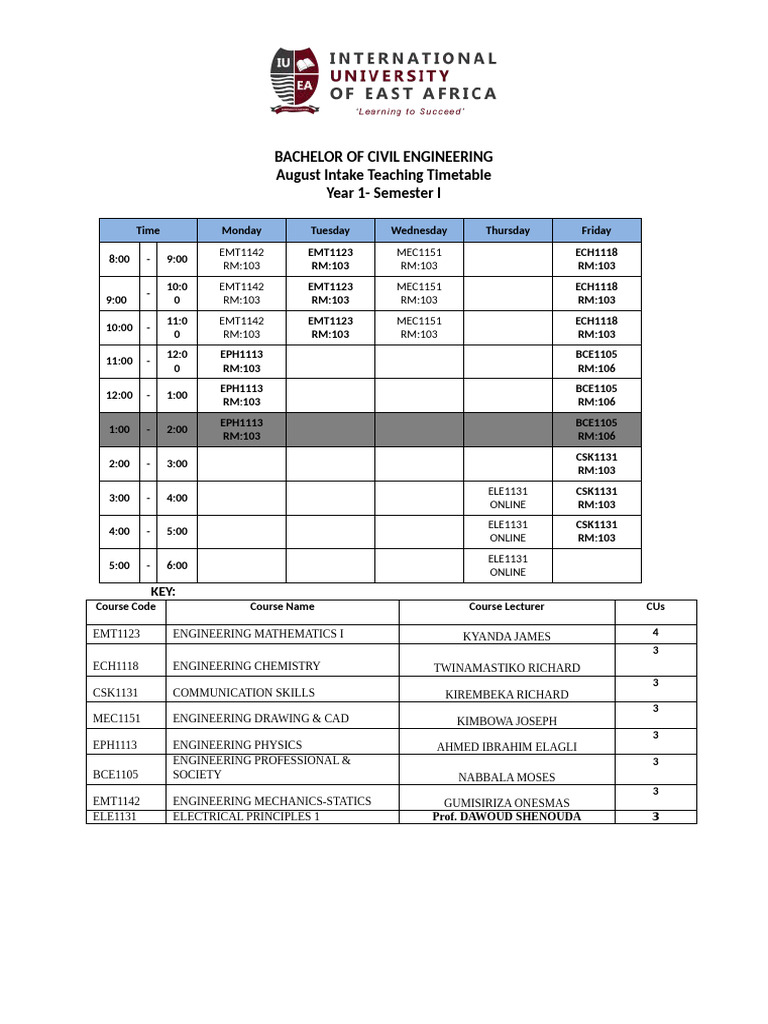 Civil Engineering Timetable August Intake | PDF | Engineering | Civil ...