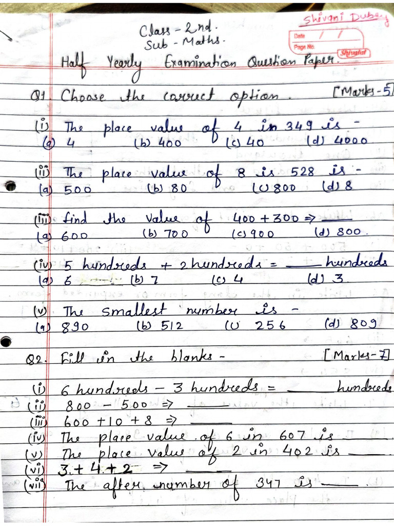 Maths Sample Paper 2nd Class | PDF