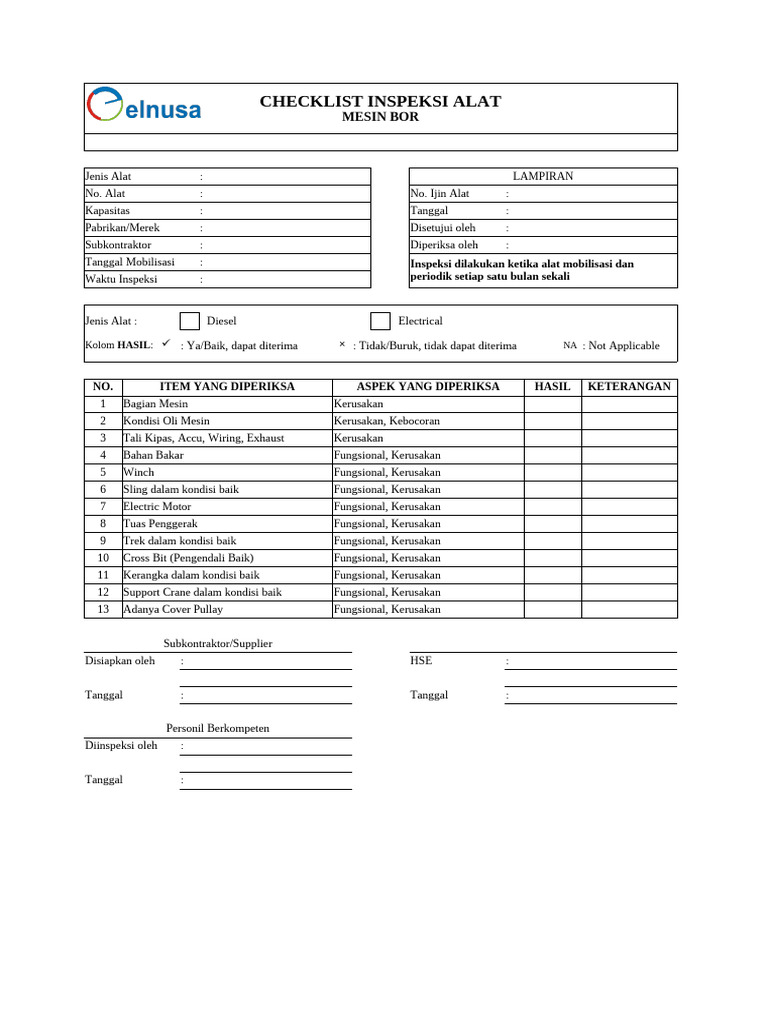 Checklist Inspeksi Alat Berat dan Listrik | PDF