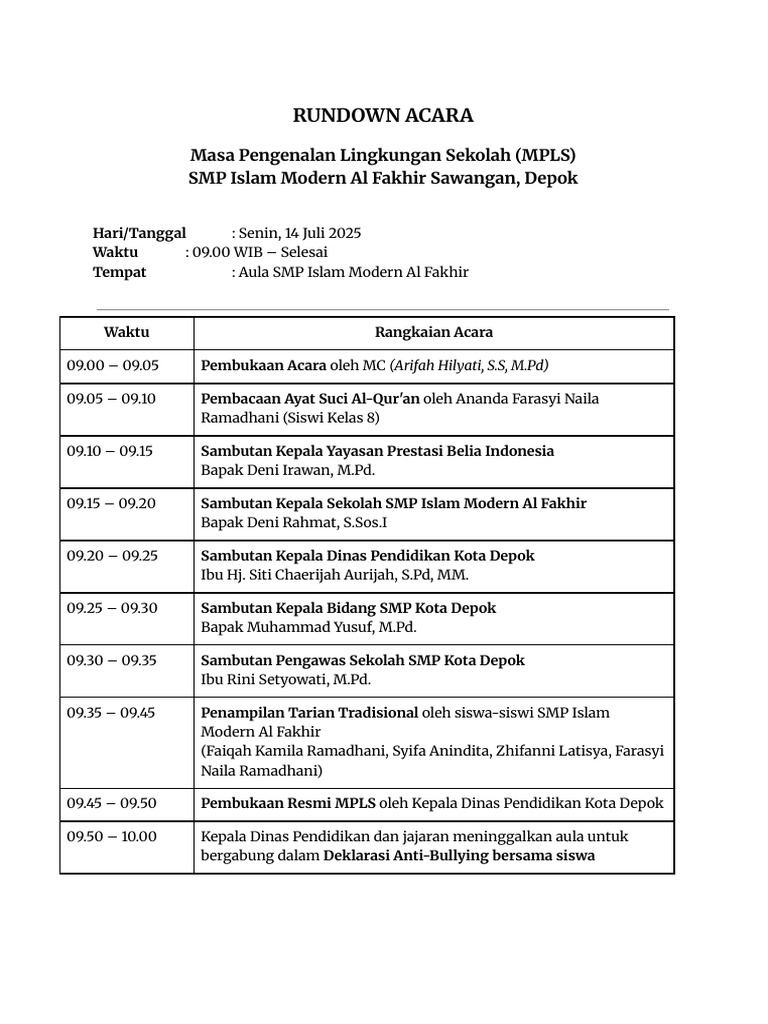Rundown MPLS SMP Islam Al Fakhir 2025 | PDF