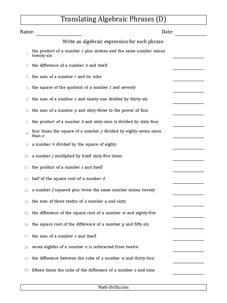 Translating Algebraic Phrases to Expressions | PDF
