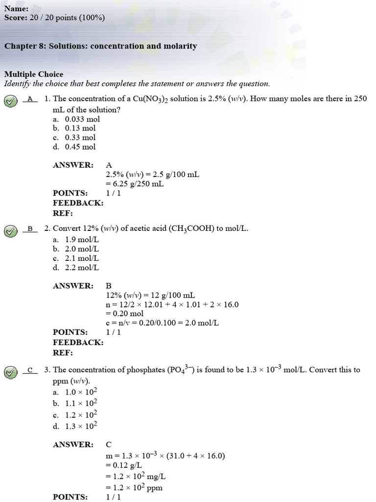 11 2020 Molarity and Concentration MS FORMS Quiz Worked Answers | PDF ...