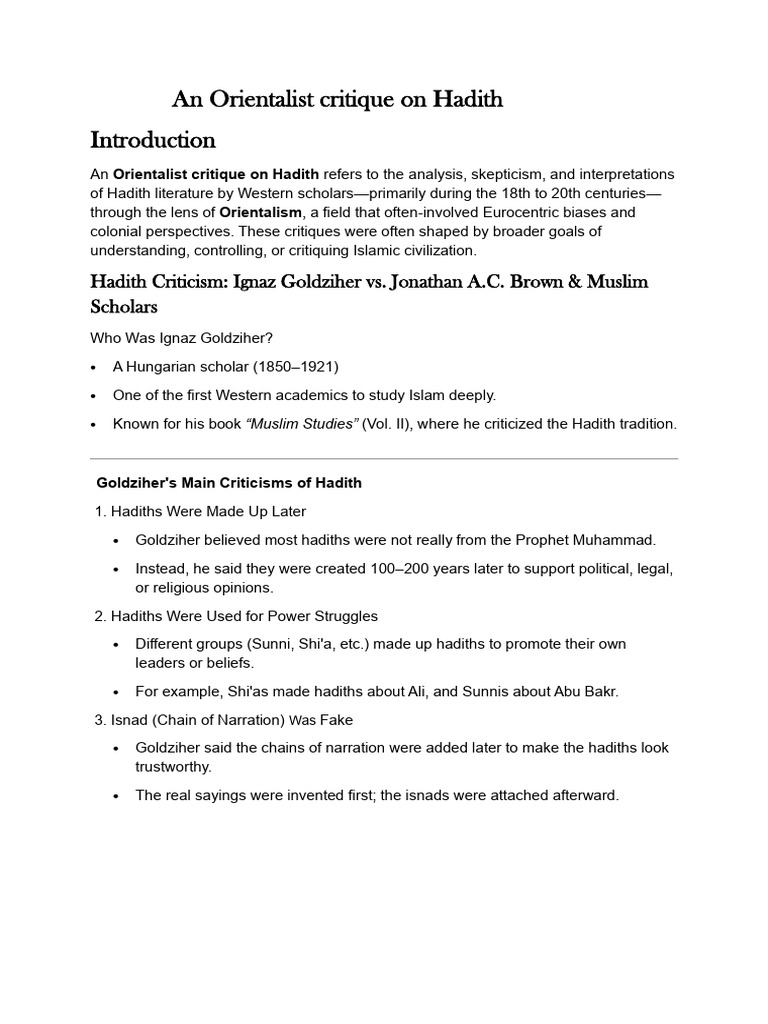An Orientalist Critique On Hadith: Hadith Criticism: Ignaz Goldziher vs ...