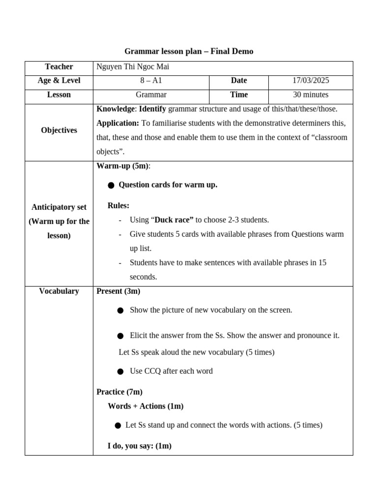 Grammar Lesson Plan: Demonstratives A1 | PDF | Phrase | Grammar