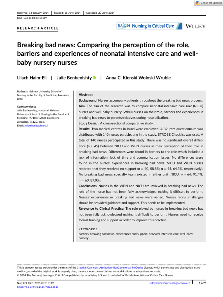 Nursing in Critical Care - 2024 - Haim Eli - Breaking Bad News ...