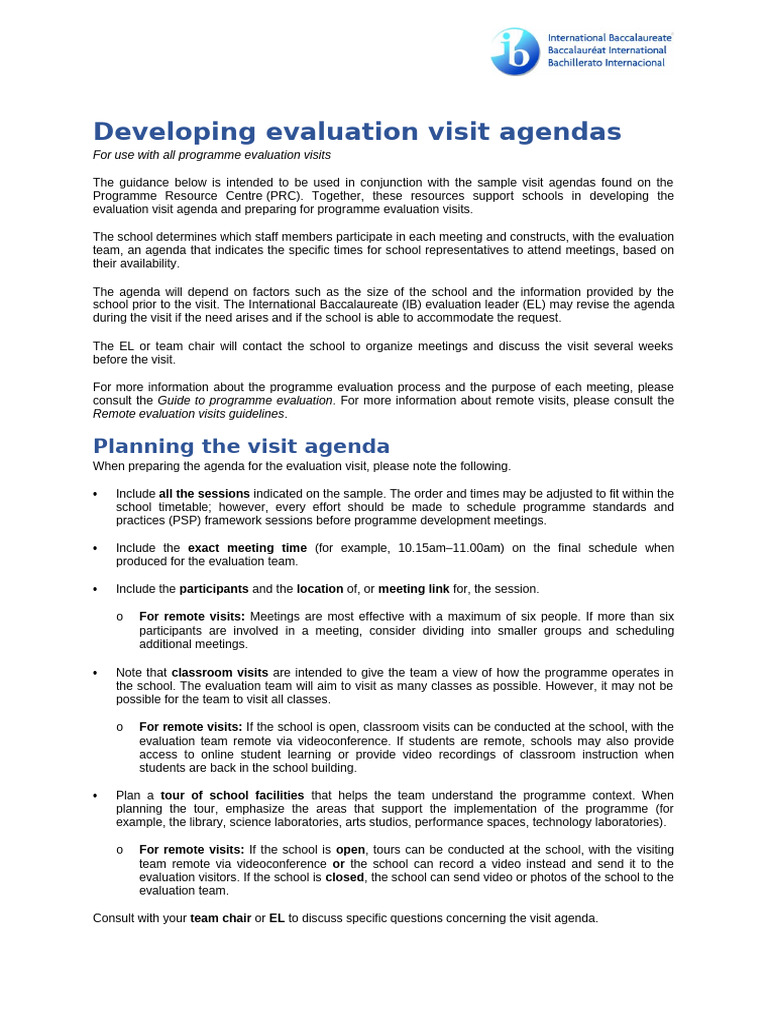 Evaluation Visit Agenda Development Guide | PDF | Evaluation | Learning