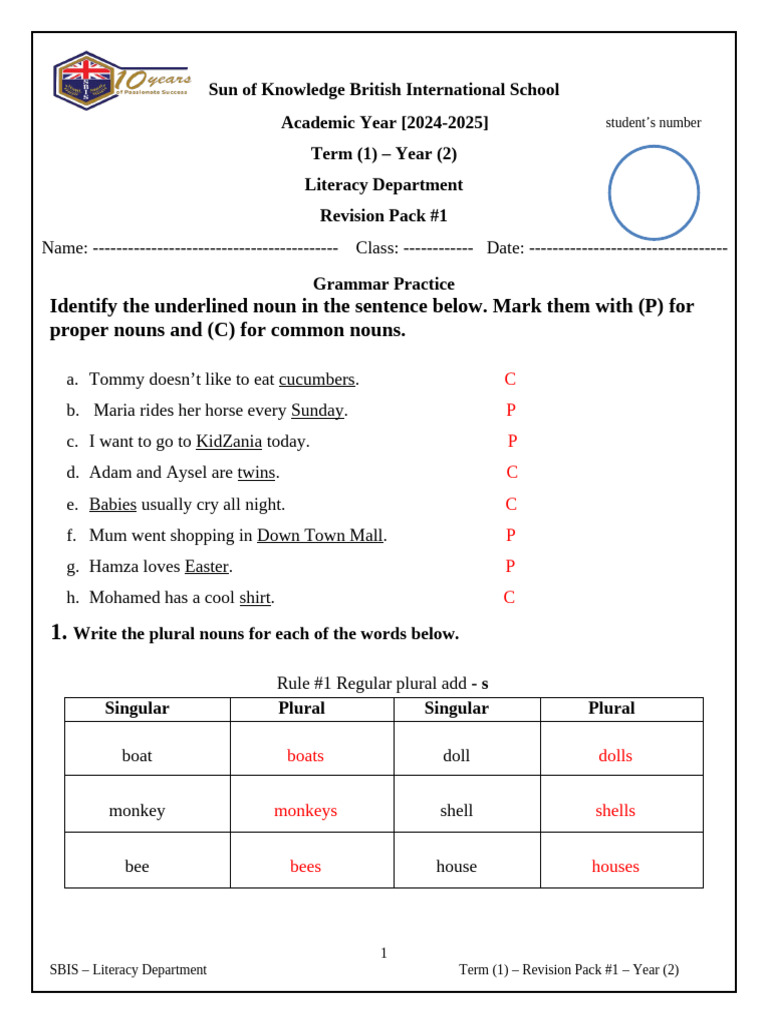 Literacy Revision Pack Answer Key | PDF | Cakes | Plural