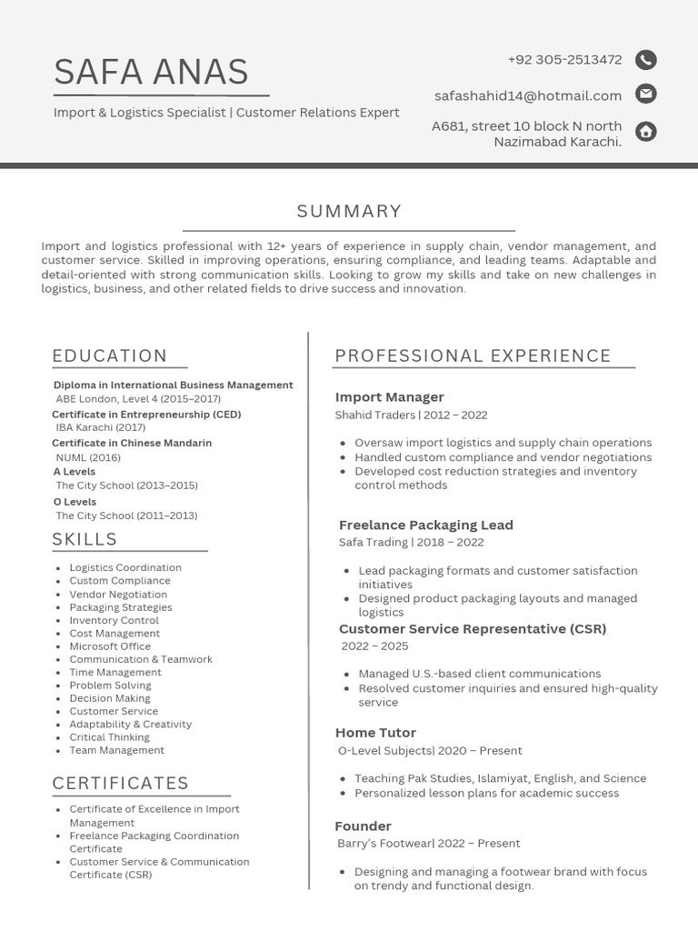 Safa Anas Resume | PDF | Logistics | Business Economics
