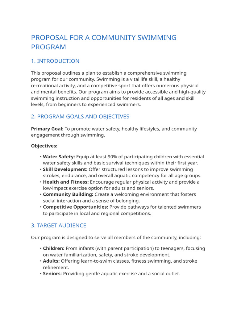 Community Swimming Program Proposal | PDF | Swimming | Swimming (Sport)