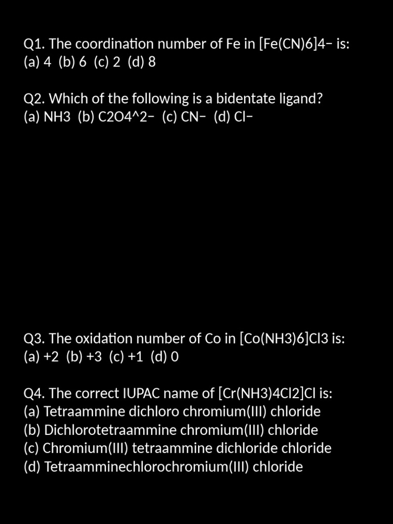 Coordination Chemistry Quiz Questions | PDF