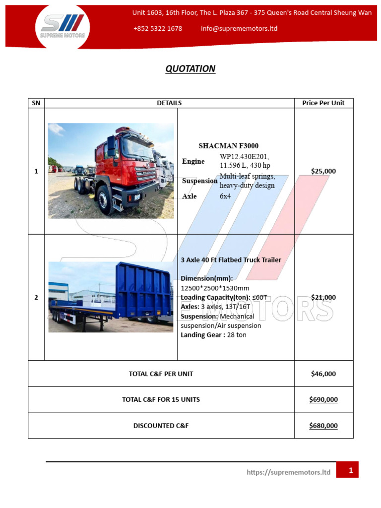SM - Quotation (15 Tractor Heads + Trailers) | PDF