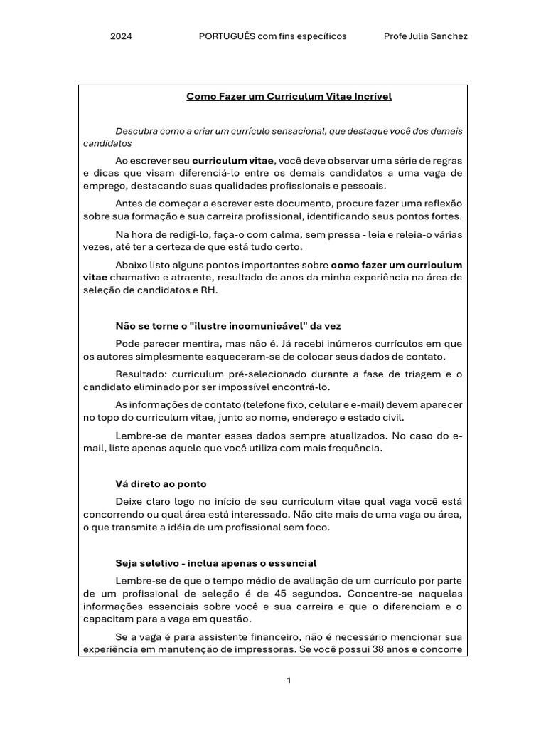Como Fazer Um Curriculum Vitae Incrível | PDF | Impressora (informática ...