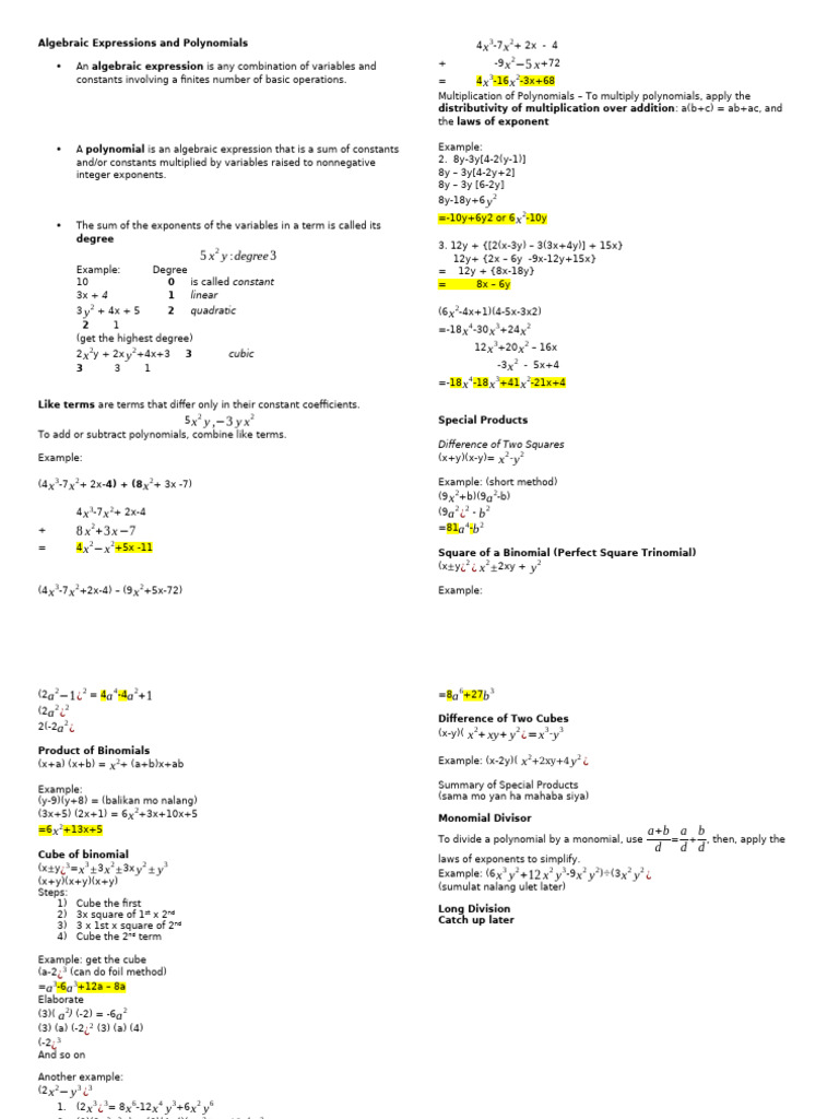 Algebraic Expressions and Polynomials | PDF | Polynomial | Arithmetic
