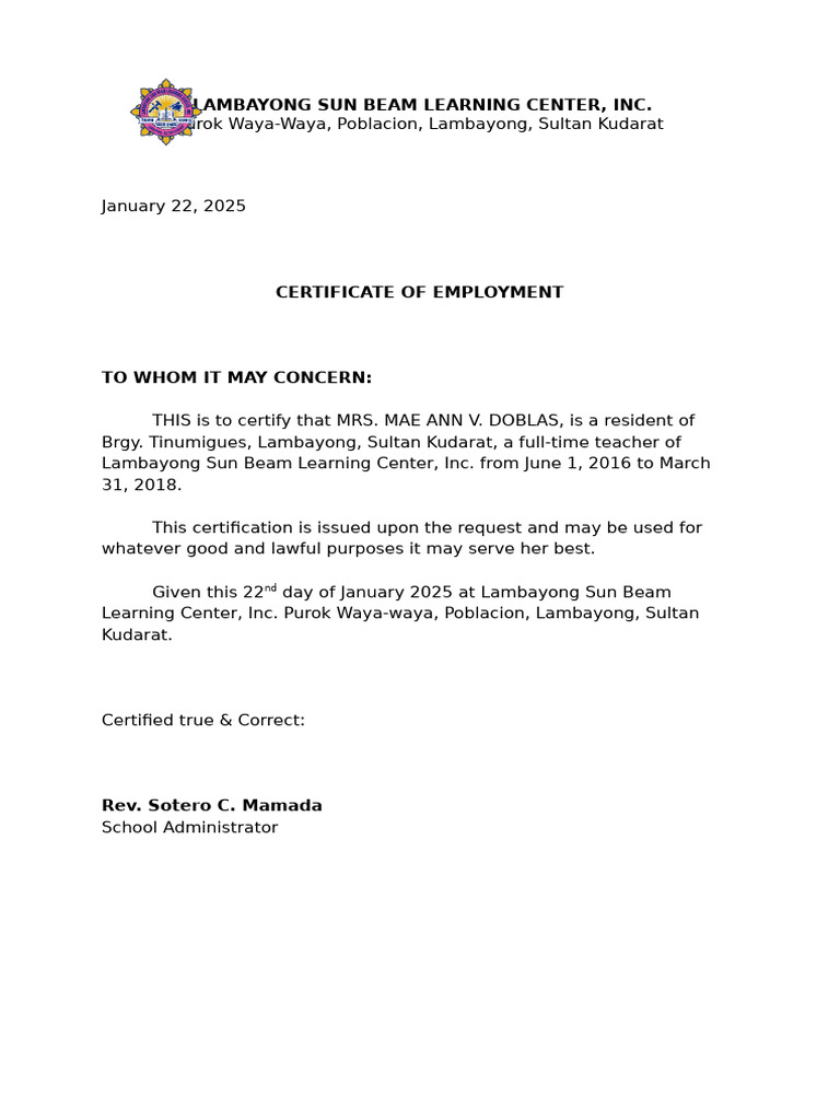 Certificate of Employment IRMA | PDF