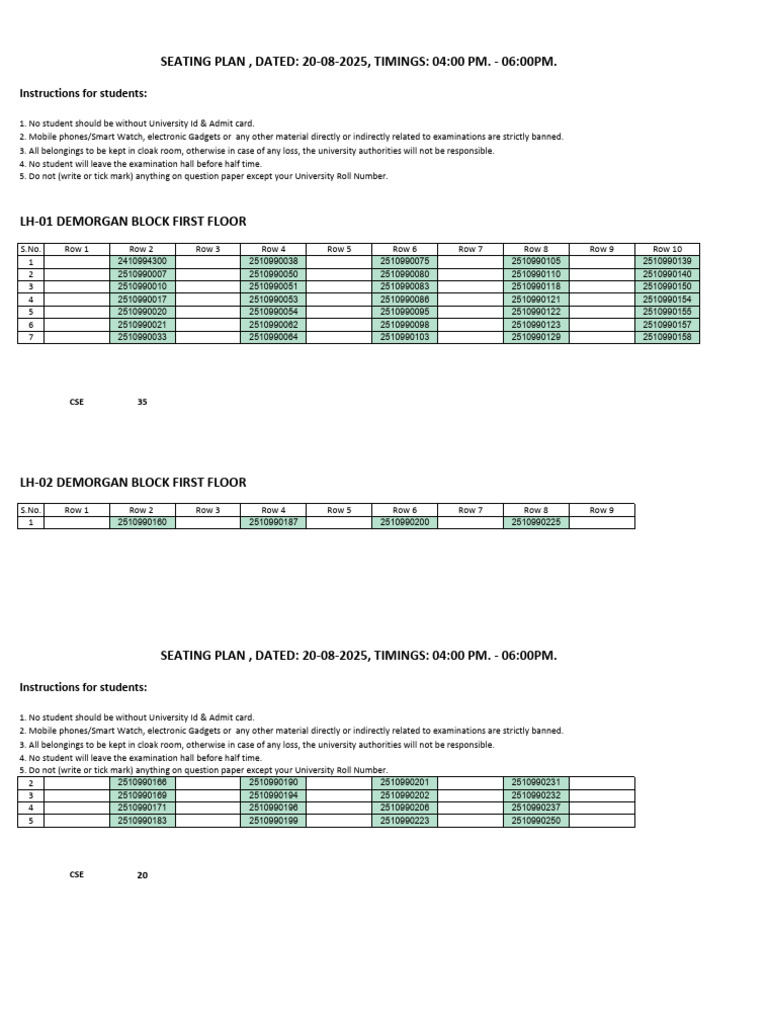 CSE Exam Seating Plan Instructions | PDF