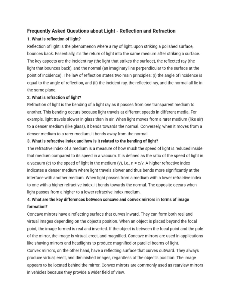 Light Reflection and Refraction FAQs | PDF | Refraction | Glass ...