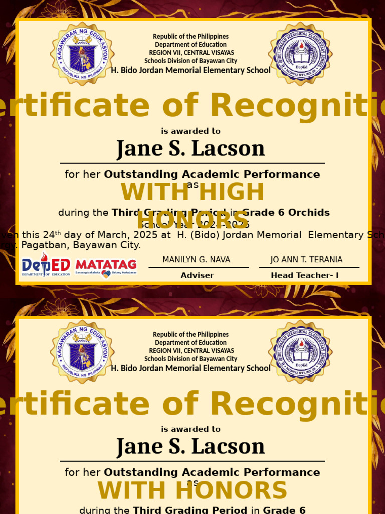 Certificate of Recognition for Academic Excellence | PDF