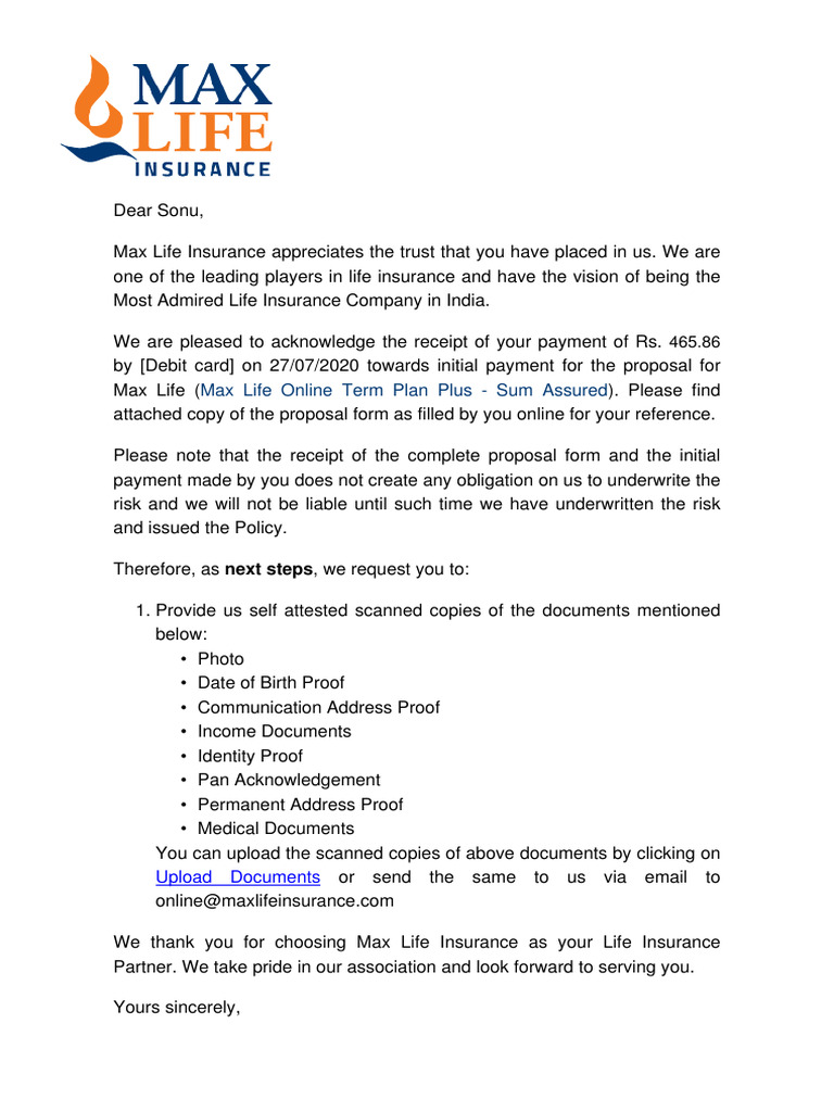 Max Life Insurance Payment Acknowledgment | PDF