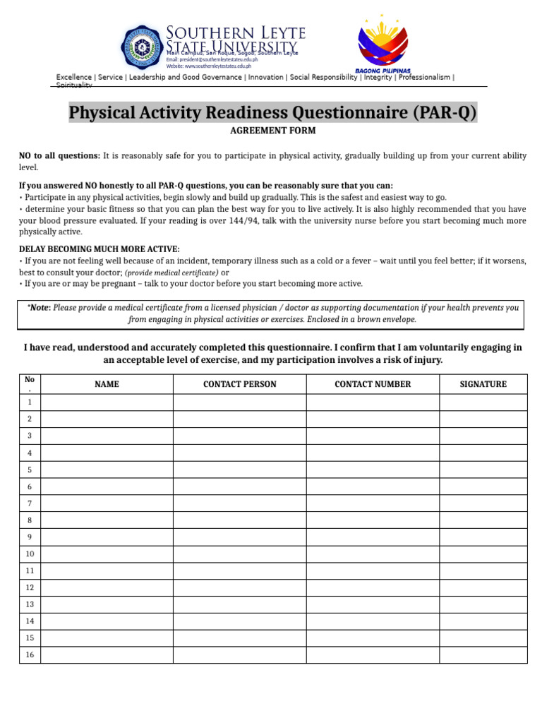 PAR-Q Agreement Form | PDF | Health Care | Medicine
