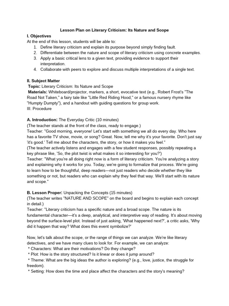 Understanding Literary Criticism | PDF | Teachers | Lesson Plan