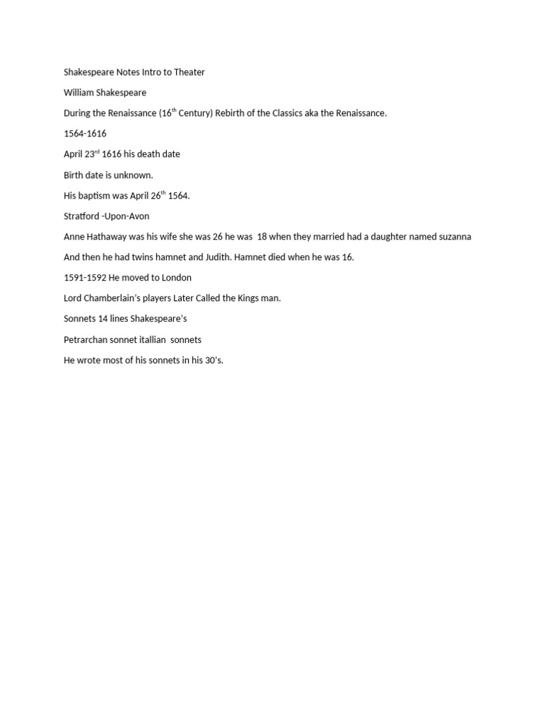 Shakespeare Notes Intro To Theater | PDF