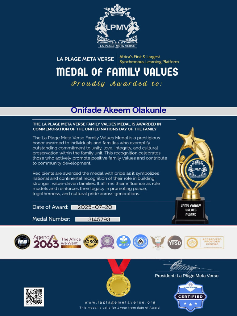 LPMV Family Values Award - Certificate | PDF