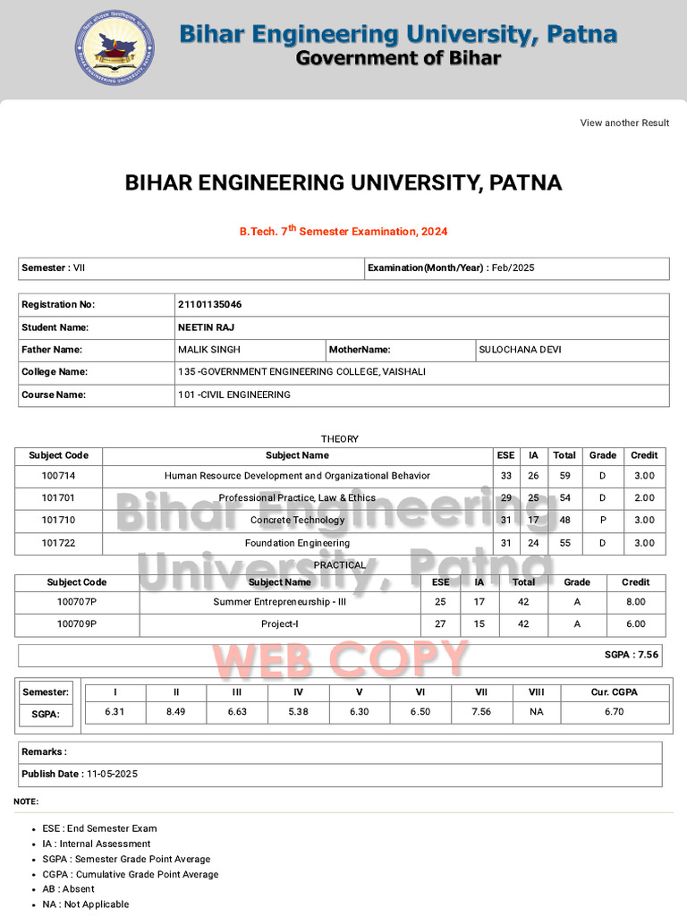 B.Tech 7th Sem Results - Bihar University | PDF | Educational Stages ...