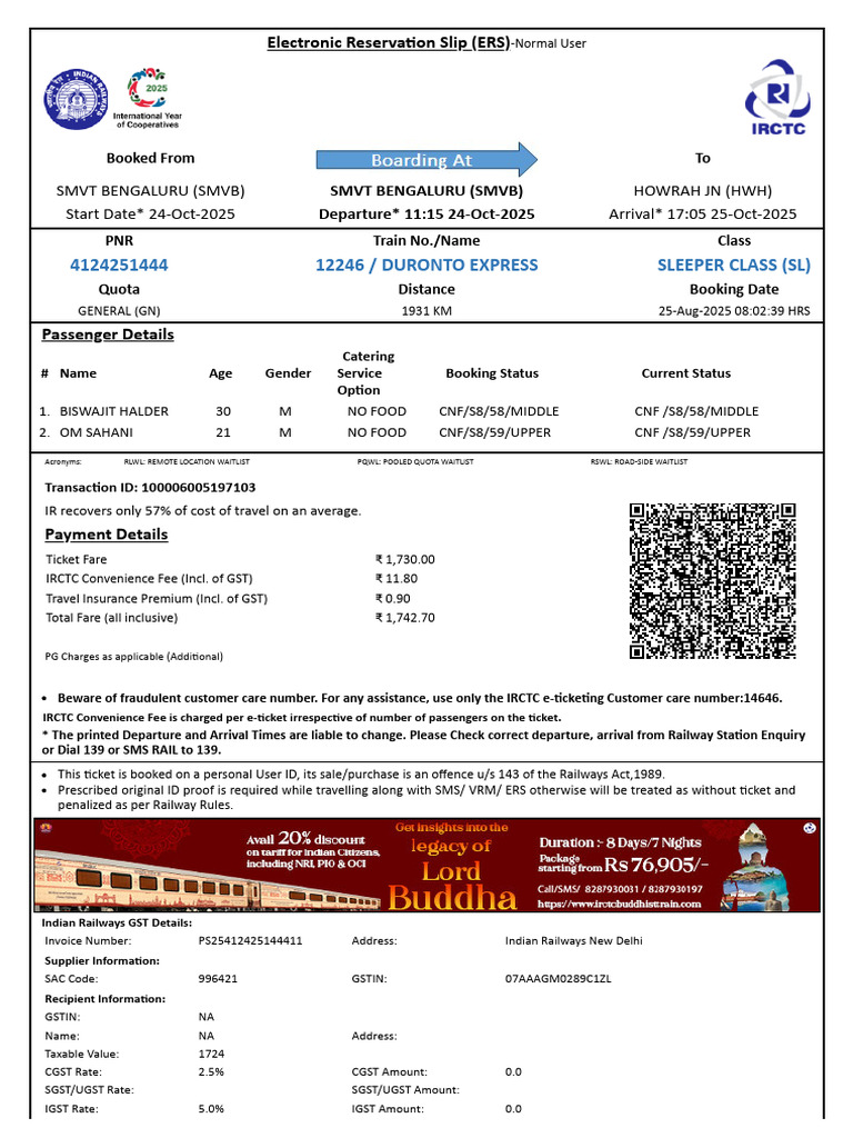 Duronto Express Sleeper Class (SL) : Electronic Reservation Slip (ERS ...