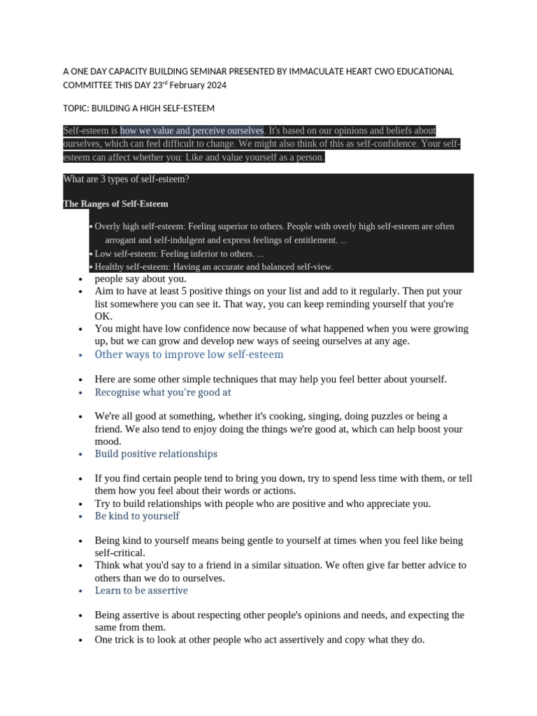 Building A High Self Esteem | PDF | Self Esteem | Psychological Concepts