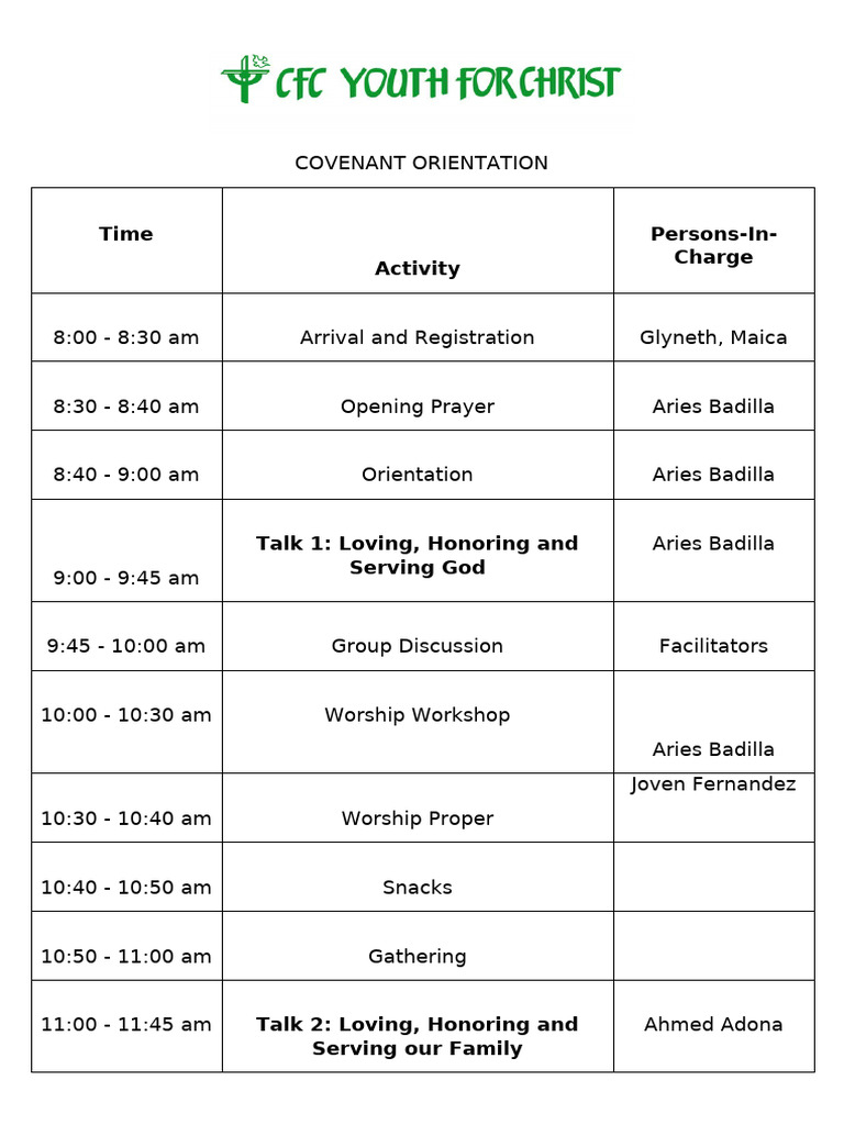 YFC Covenant Orientation Schedule | PDF