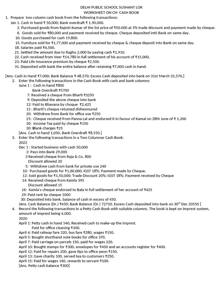 Cash Book Worksheet Exercises | PDF | Cheque | Payments