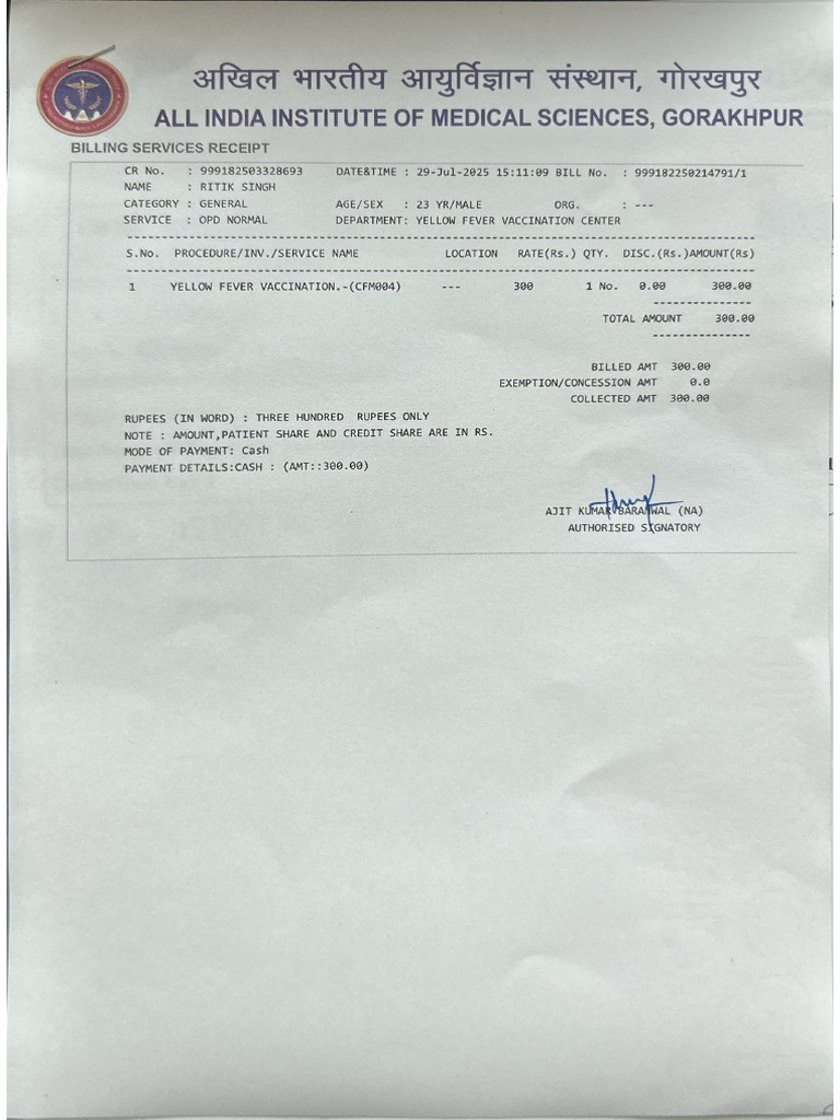 Yellow Fever Vaccination Certificate | PDF