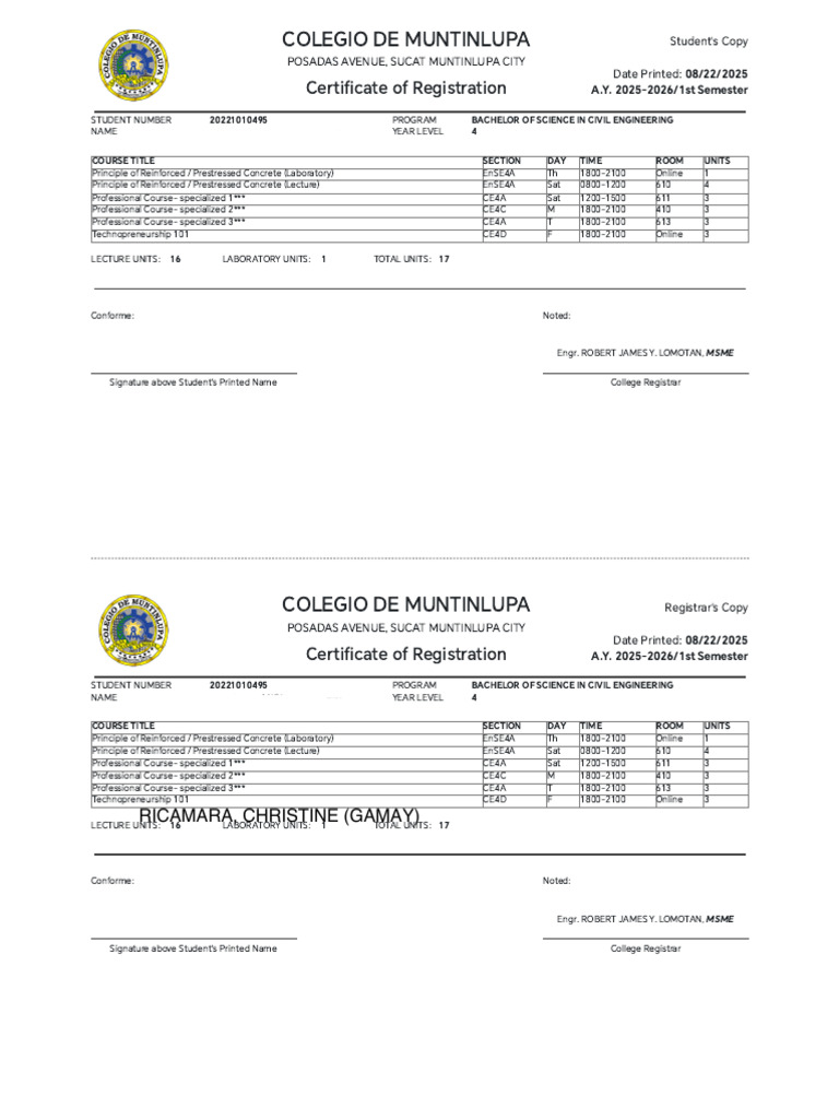 Muntinlupa College Registration Certificate | PDF | Civil Engineering