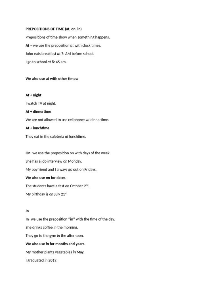 Prepositions of Time Exercises | PDF