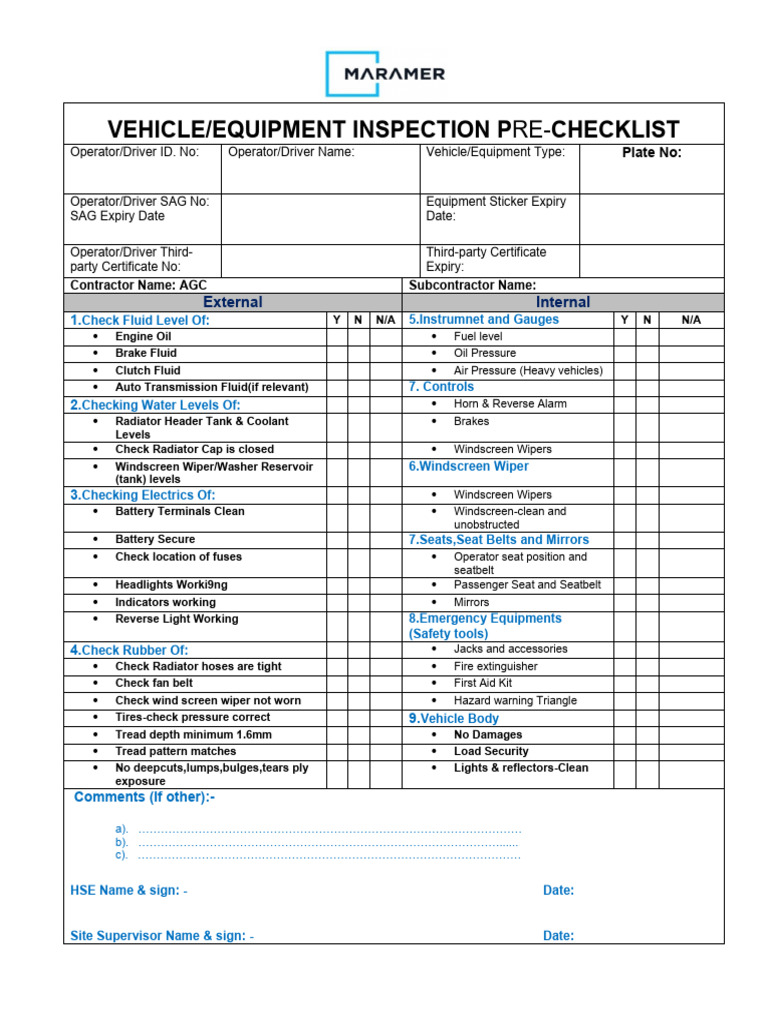 Equipment Inspection Pre-Checklist | PDF | Seat Belt | Vehicles