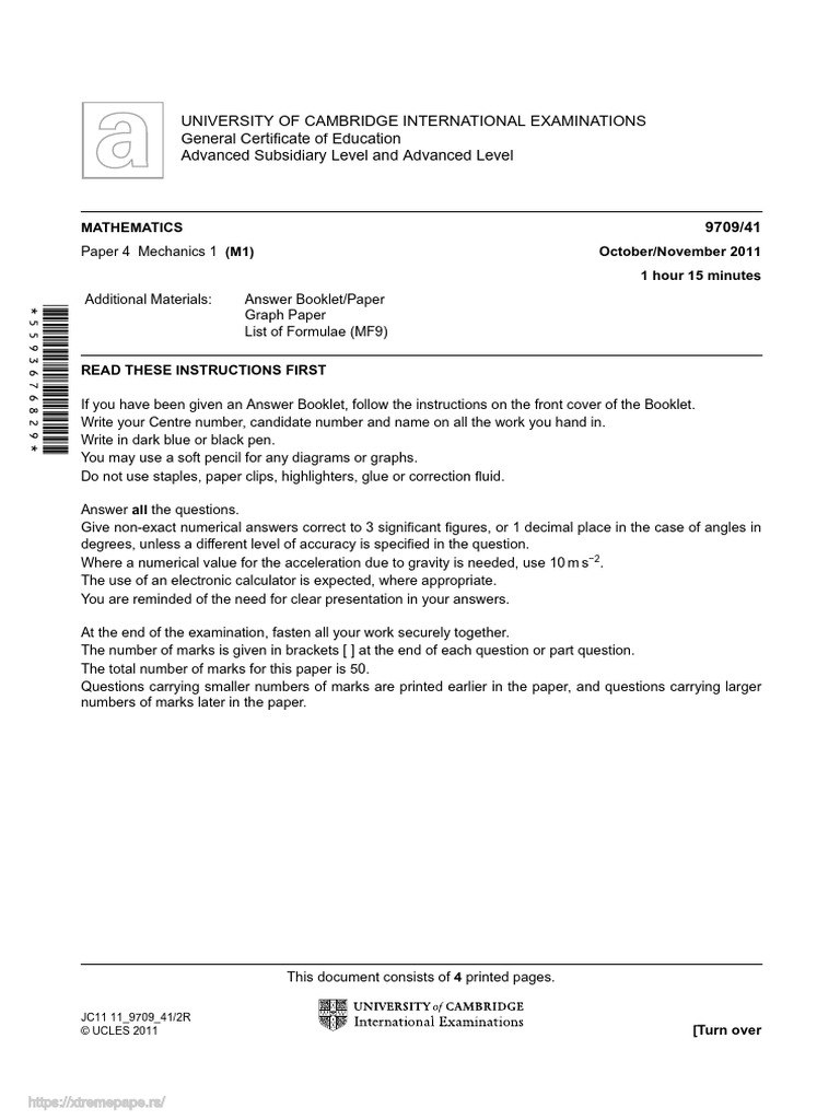Cambridge A Level Mechanics Paper M1 | PDF | Force | Tension (Physics)
