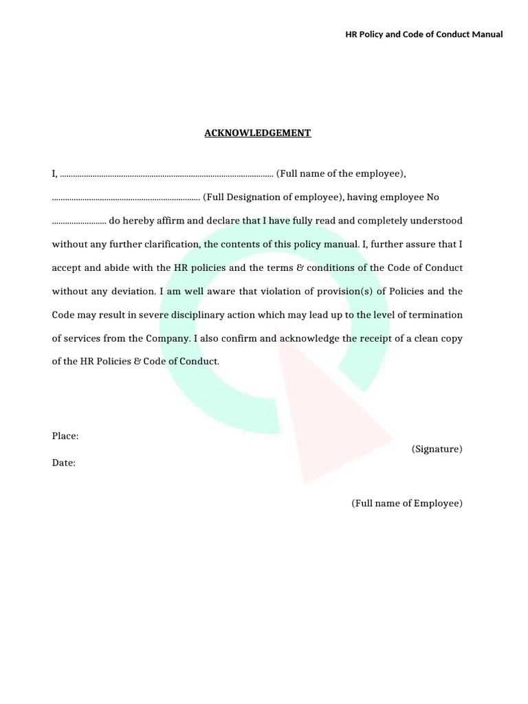 HR Policy Acknowledgement | PDF