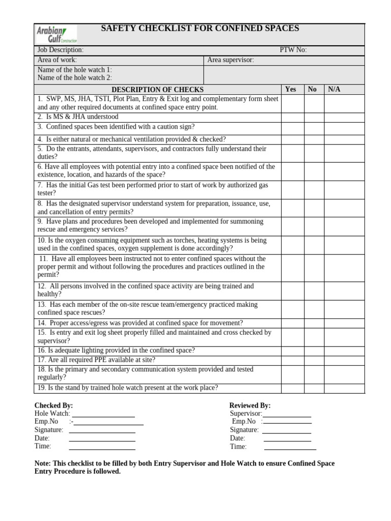 Confined Spaces Entry Checklist | PDF | Workplace | Working Conditions