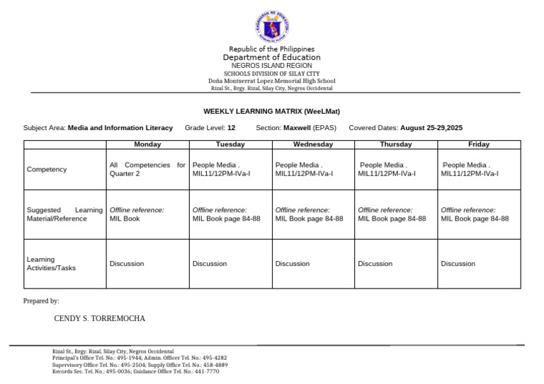 Weekly Learning Matrix for Grade 12 | PDF