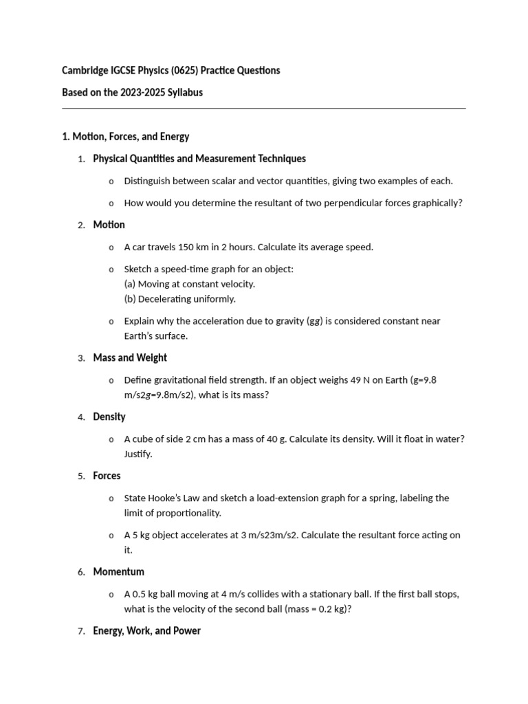 Cambridge IGCSE Physics Practice Questions | PDF | Force | Mass