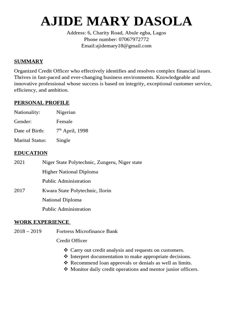 Credit Officer Resume - Ajide Mary Dasola | PDF