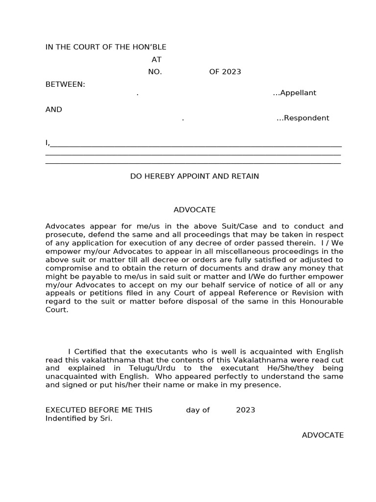 Vakalathnama for Lower Court Proceedings | PDF