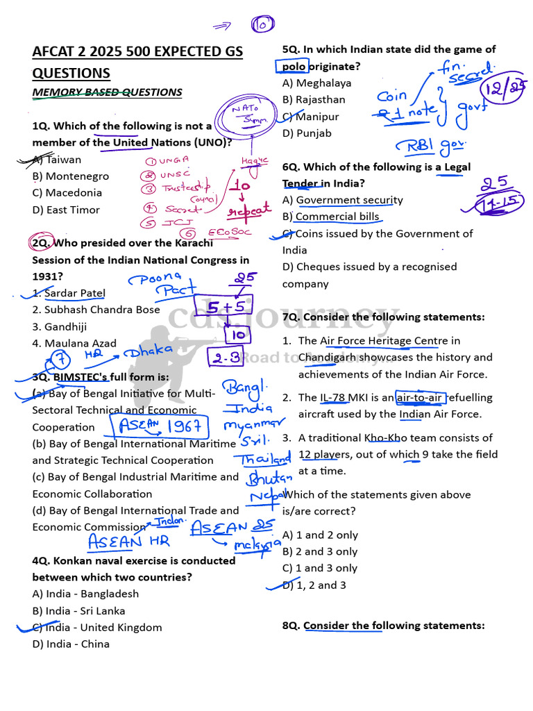 AFCAT 2025 Expected General Awareness Qs | PDF